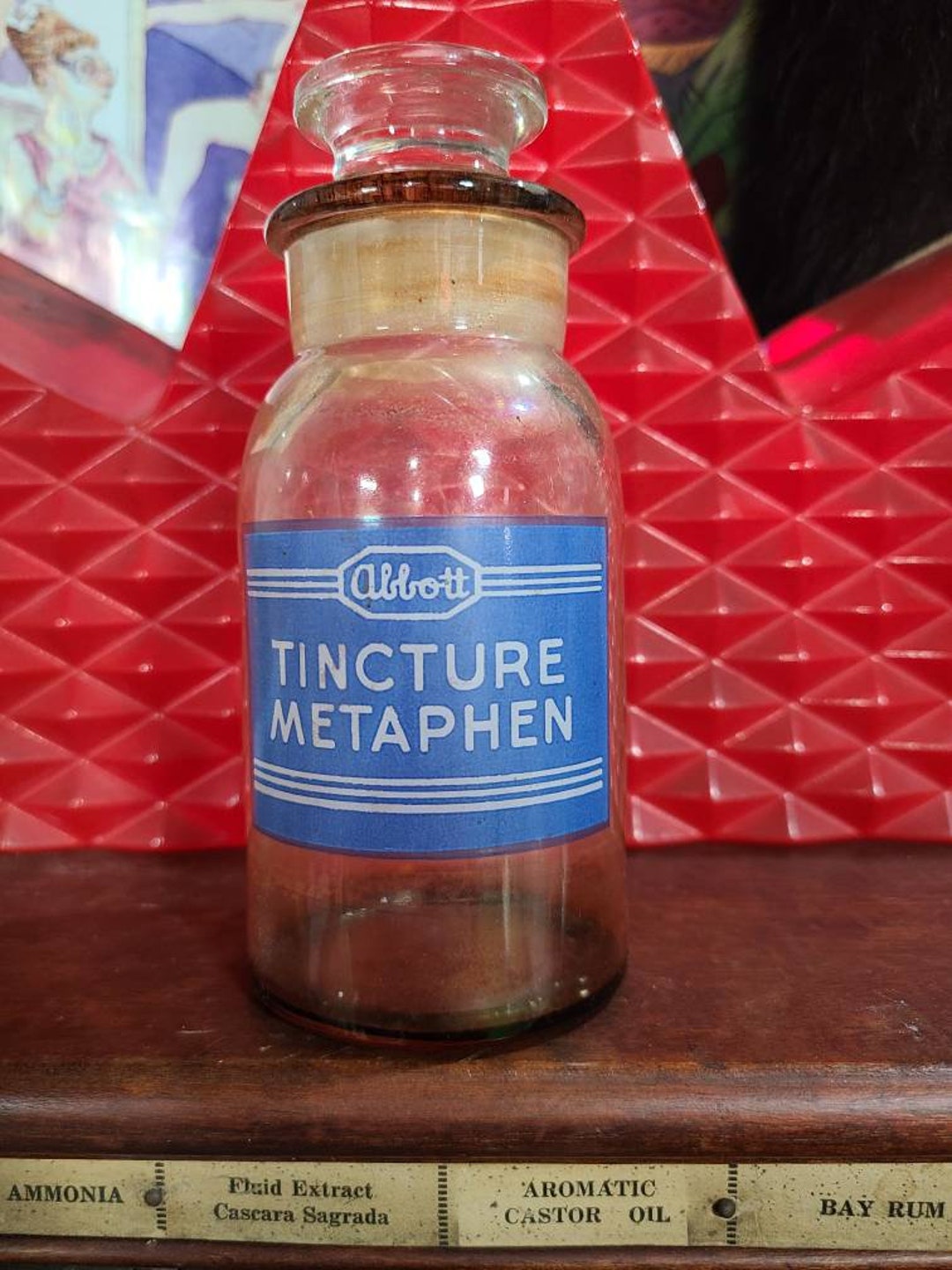 Antique Apothecary Glass Blue Label Original Abbott Tincture Metaphen ...