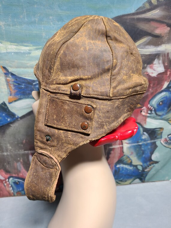 Antique WWII Era Tan Soft Leather Aviators Flying Cap… - Gem