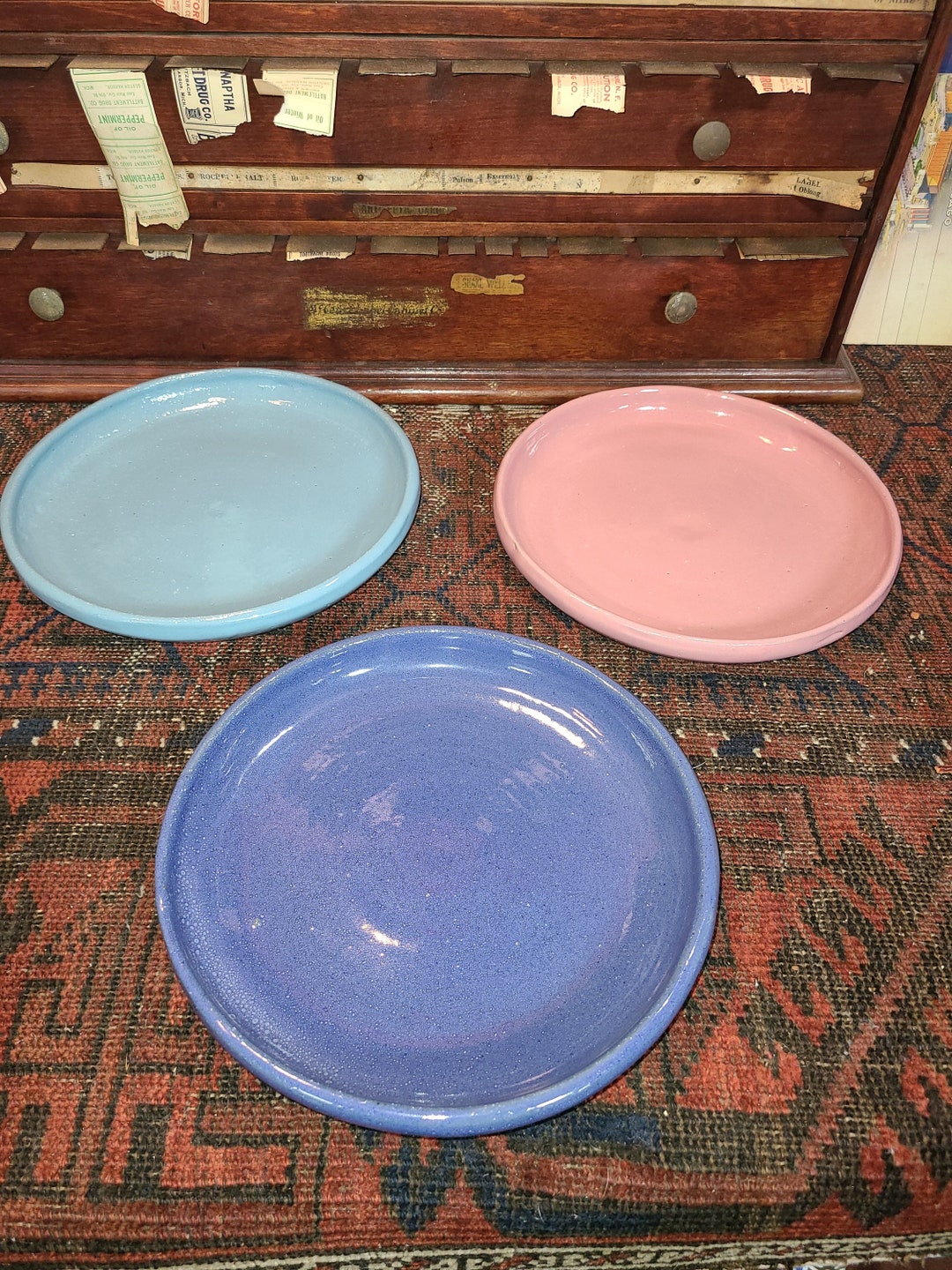 Set of 3 Vintage Beautiful Bybee Blue and Pink Pottery Primitive ...
