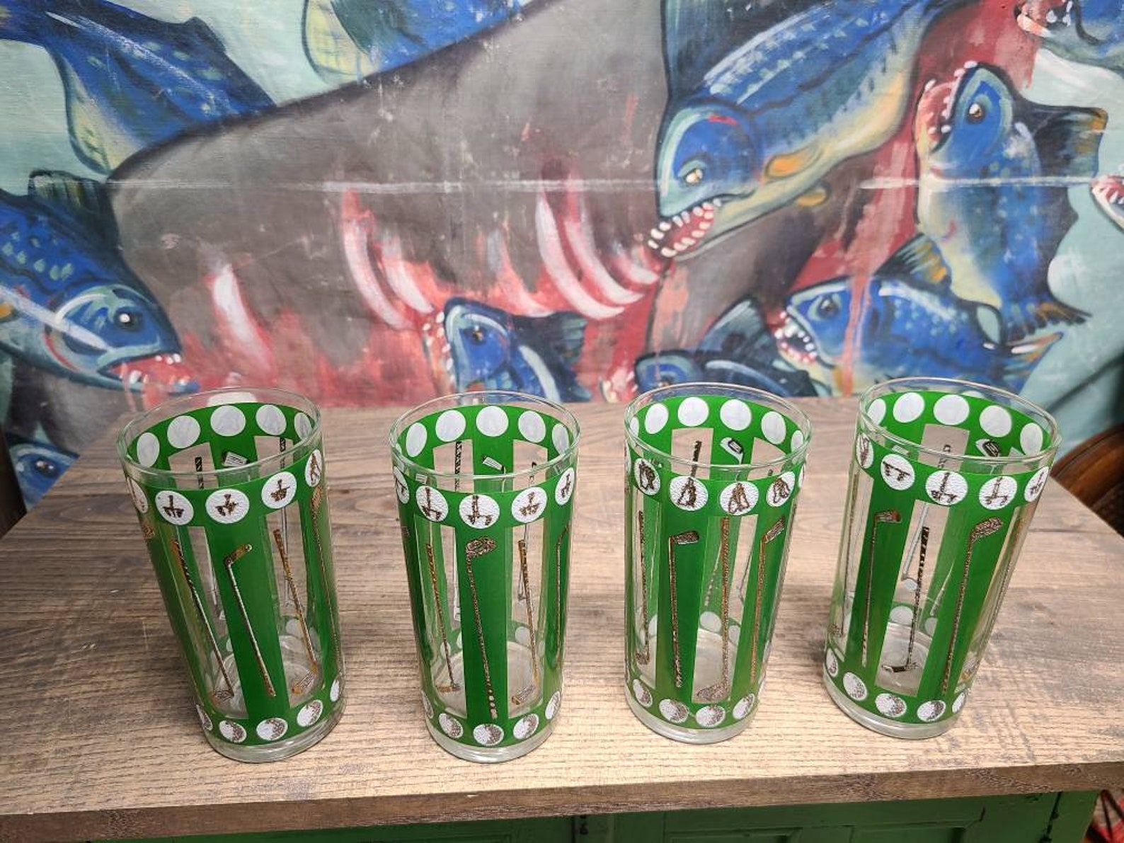 Mid-century 22k Gold and Green Golf Club Highball Cocktail Drinking ...