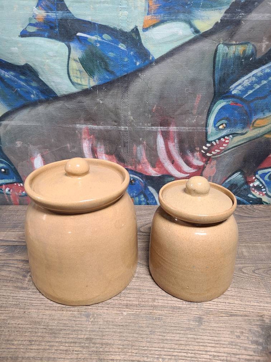 2 Piece Vintage Beautiful Uranium Tan Molasses Glazed Bybee Primitive ...