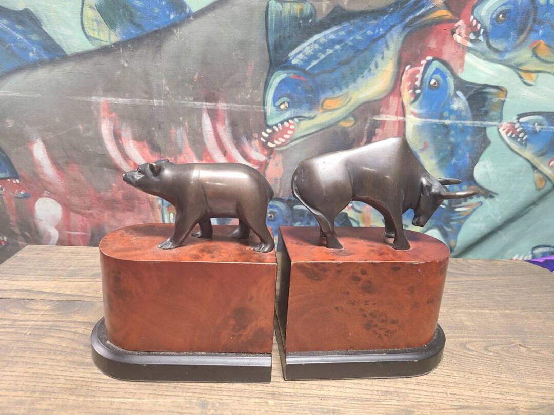 Vintage Bull & Bear Bookends Wall Street Bronze and Burlwood - Etsy