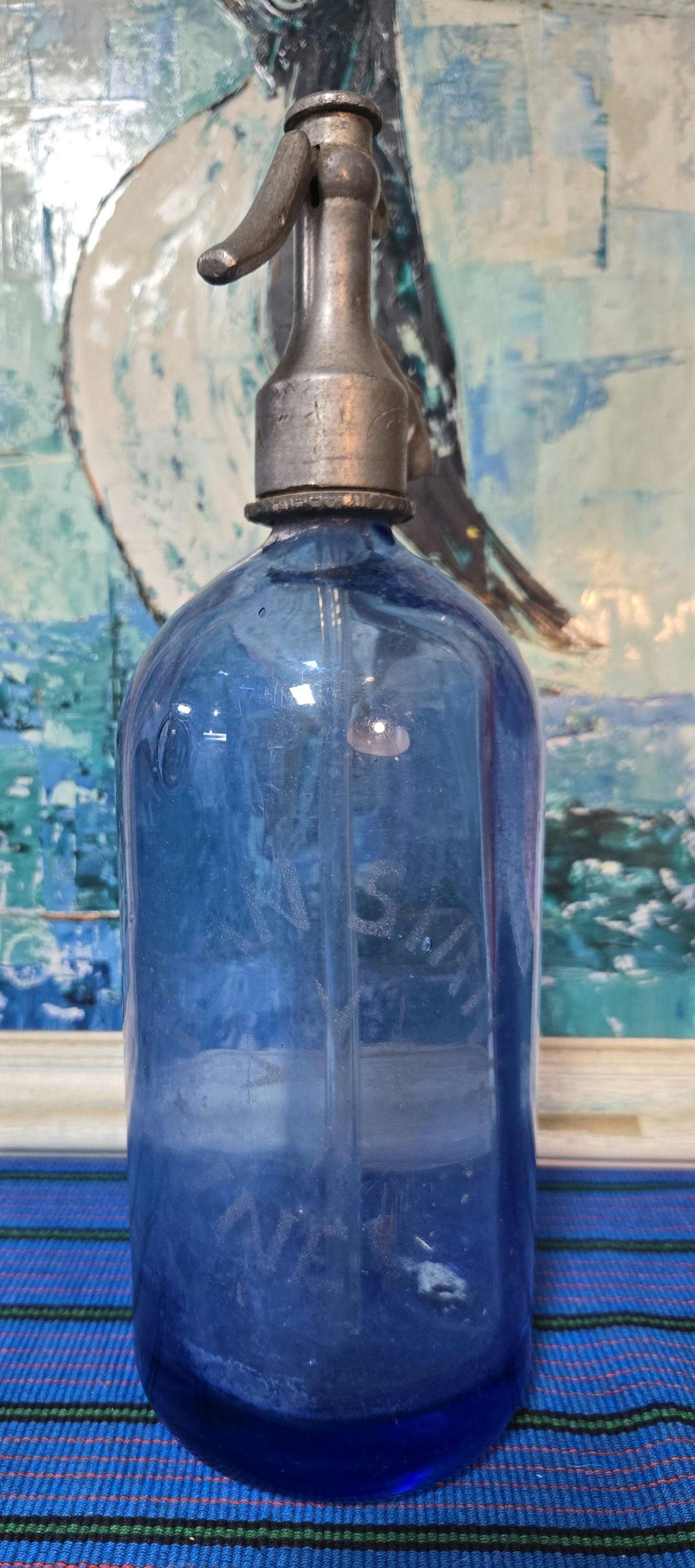 Antique 1930's Cobalt Blue Glass Seltzer Soda Bubble Glass Etched John ...