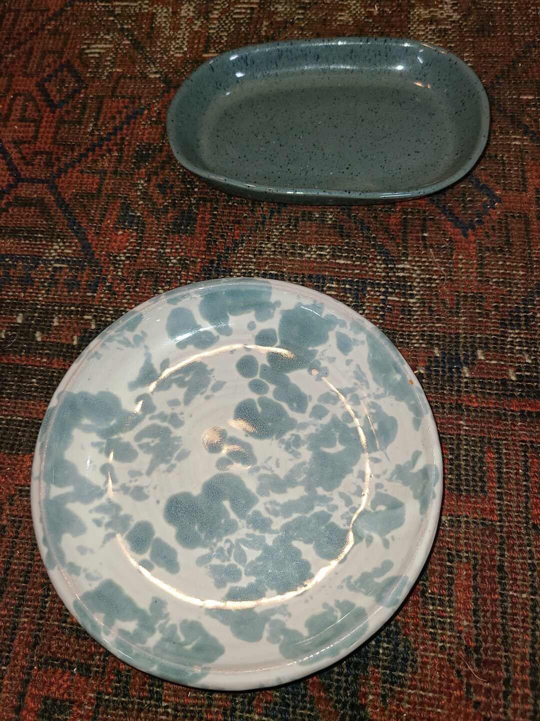 2 Vintage Beautiful Green and Green Spongeware Bybee Pottery Primitive ...