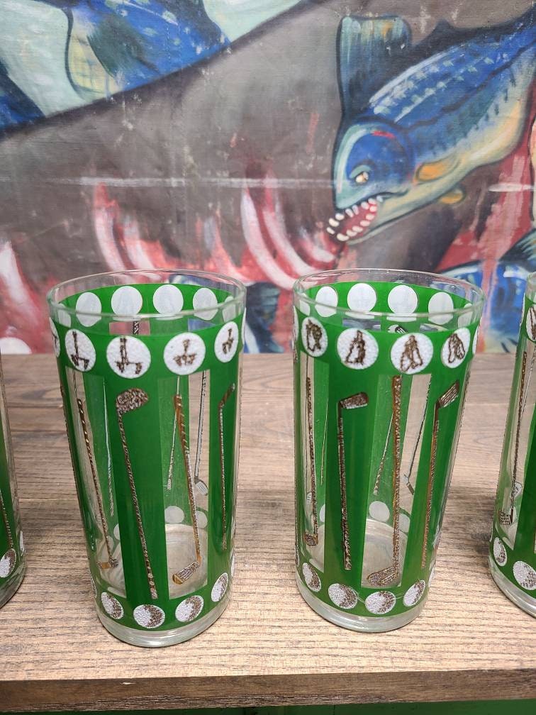 Mid-century 22k Gold and Green Golf Club Highball Cocktail Drinking ...