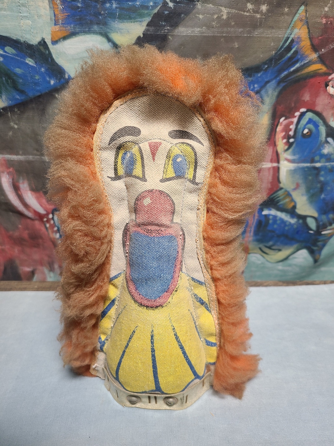 Antique 1950s Knock Down Carnival Game Punk Clown With Orange Fur Trim Ball Toss Amusement Park