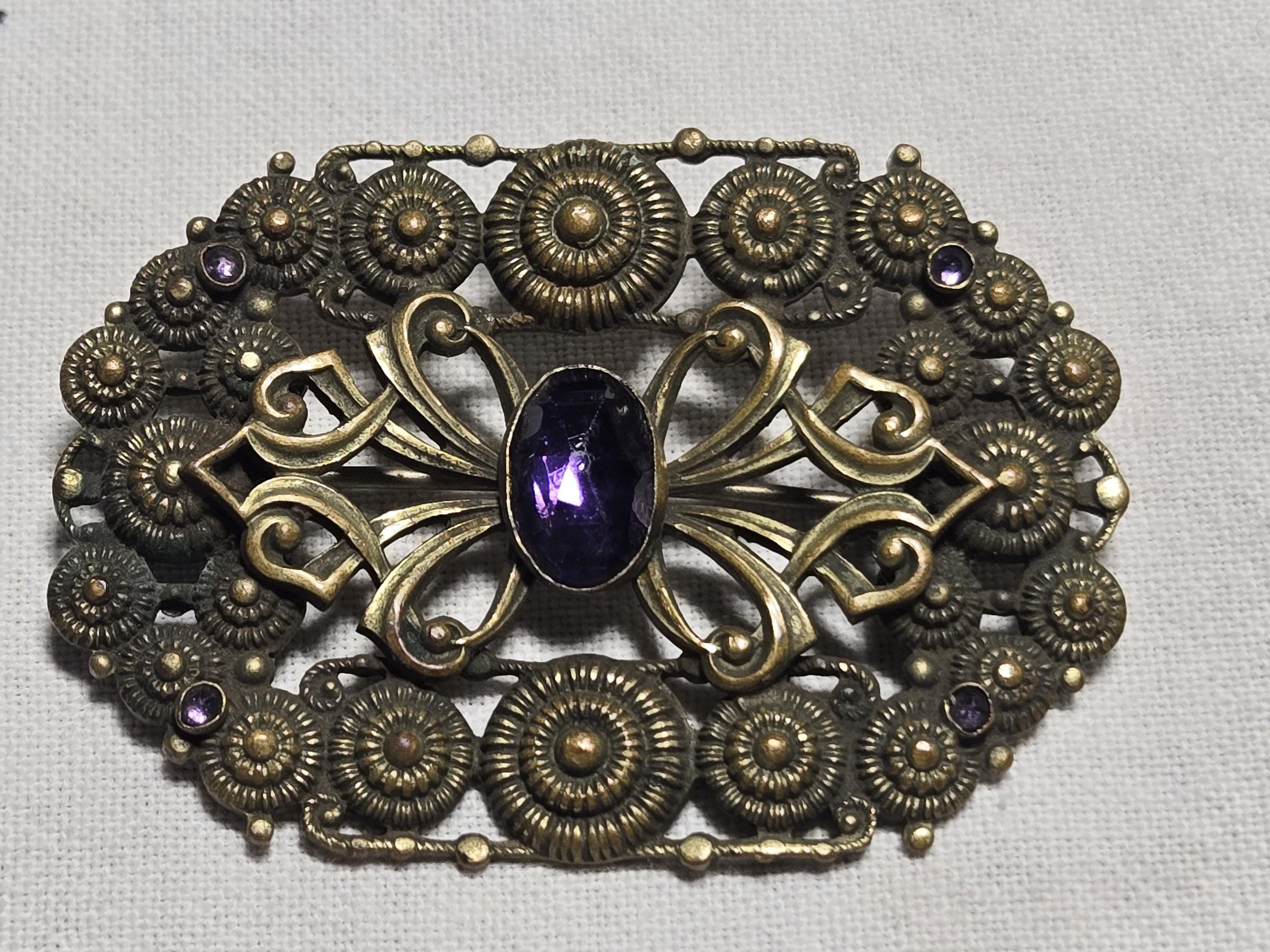Stunning Antique Ornate Brass Ton Purple Amethyst Glass Accent Pin or ...