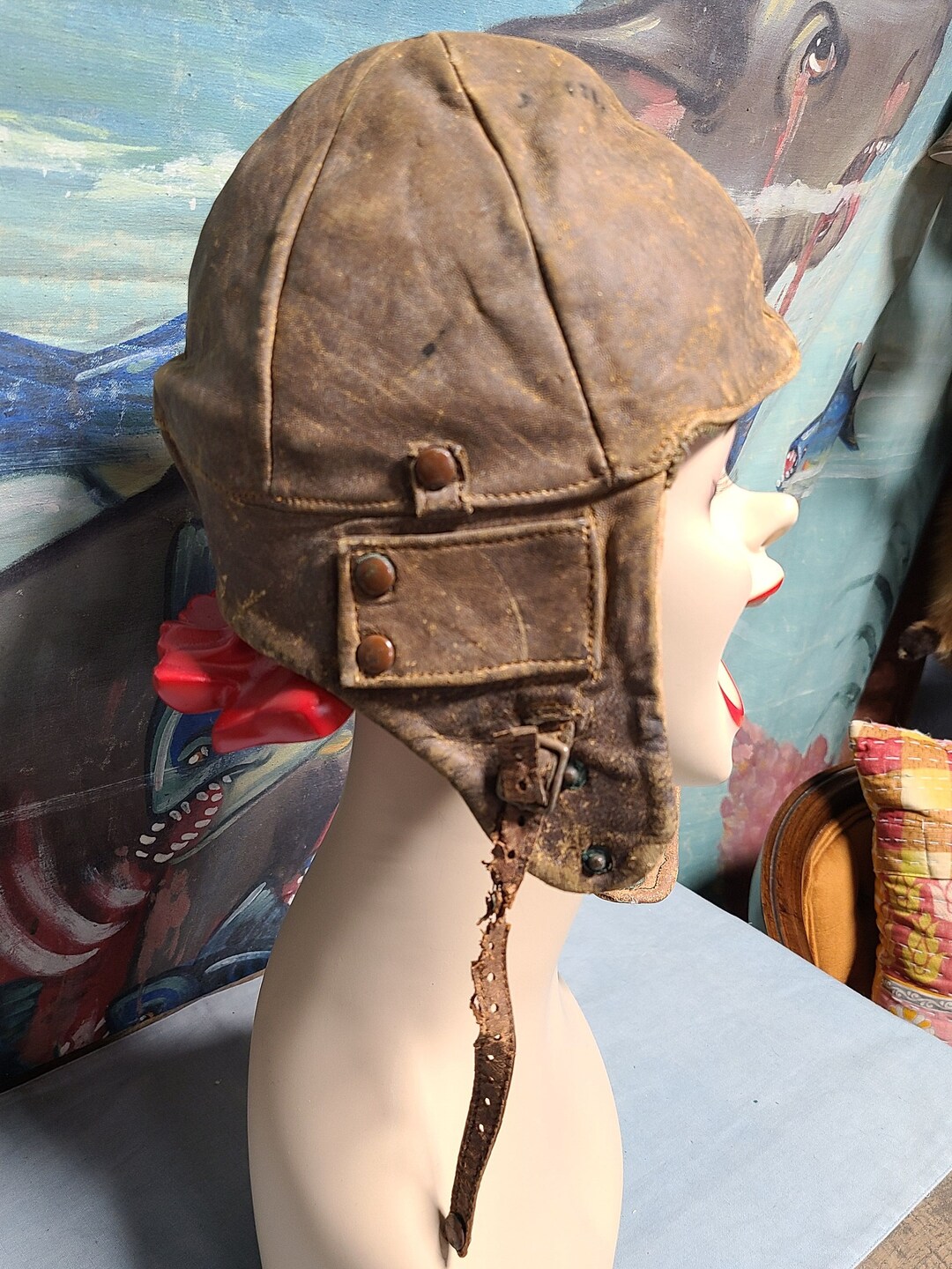 Antique WWII Era Tan Soft Leather Aviators Flying Cap With 6" Strap - Etsy