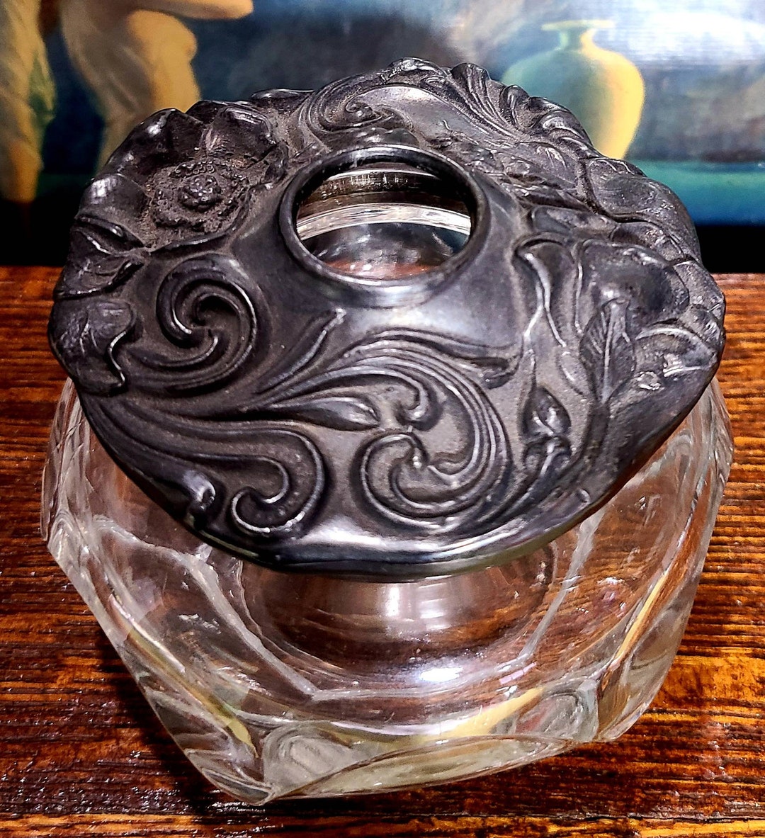 Beautiful Antique Victorian Glass Hair Receiver With Silver Plated ...