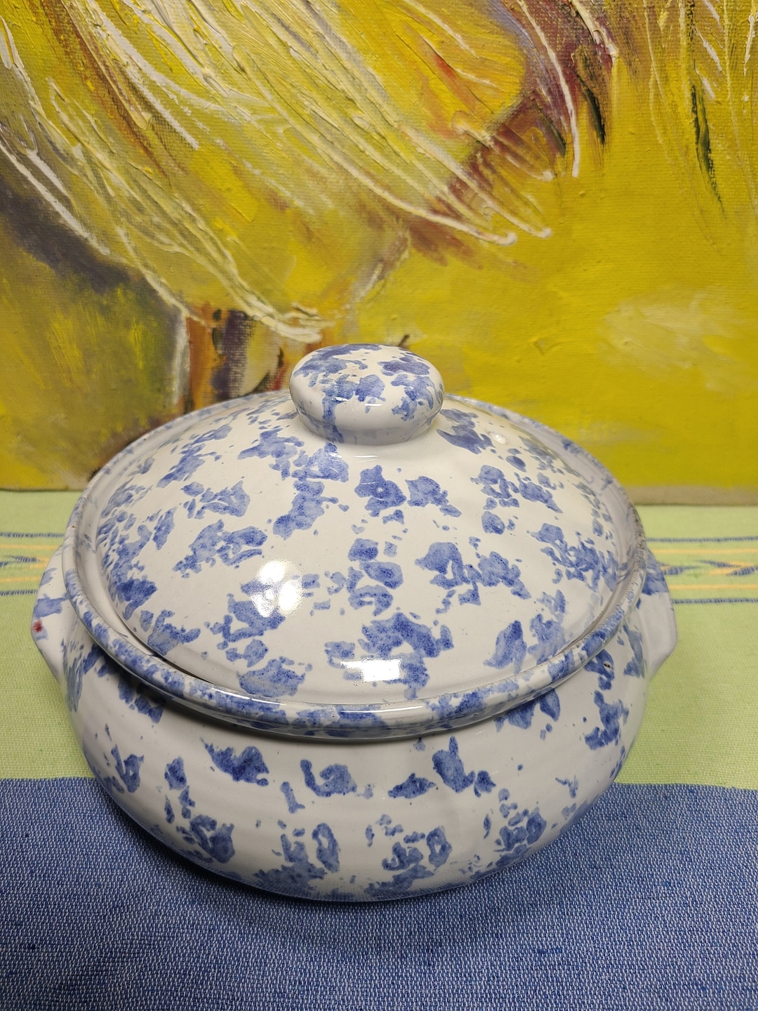 Vintage Beautiful Blue Over White Spongewear Glazed Bybee Primitive ...