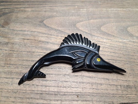 Antique Original Black Bakelite Carved Sword Fish Pin… - Gem