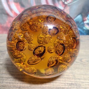 Vintage Hand Blown Beautiful Art Glass Globe Paperweight Amber Bubble ...