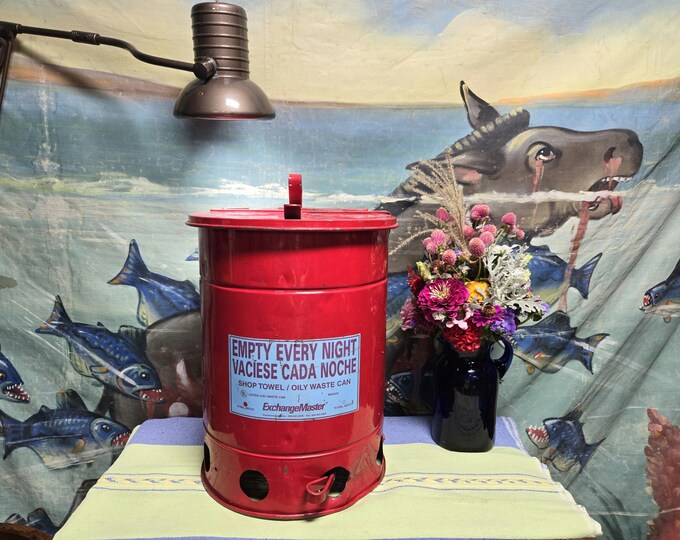 Vintage Industrial Gas Station Red Round Metal Step to Open Waste ...