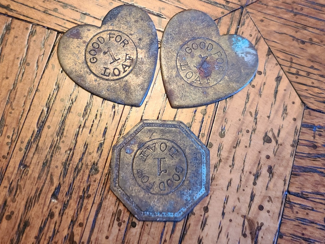 4 Early Brass Heart Shaped and Octagonal Coin Token Good for 1 Loaf ...
