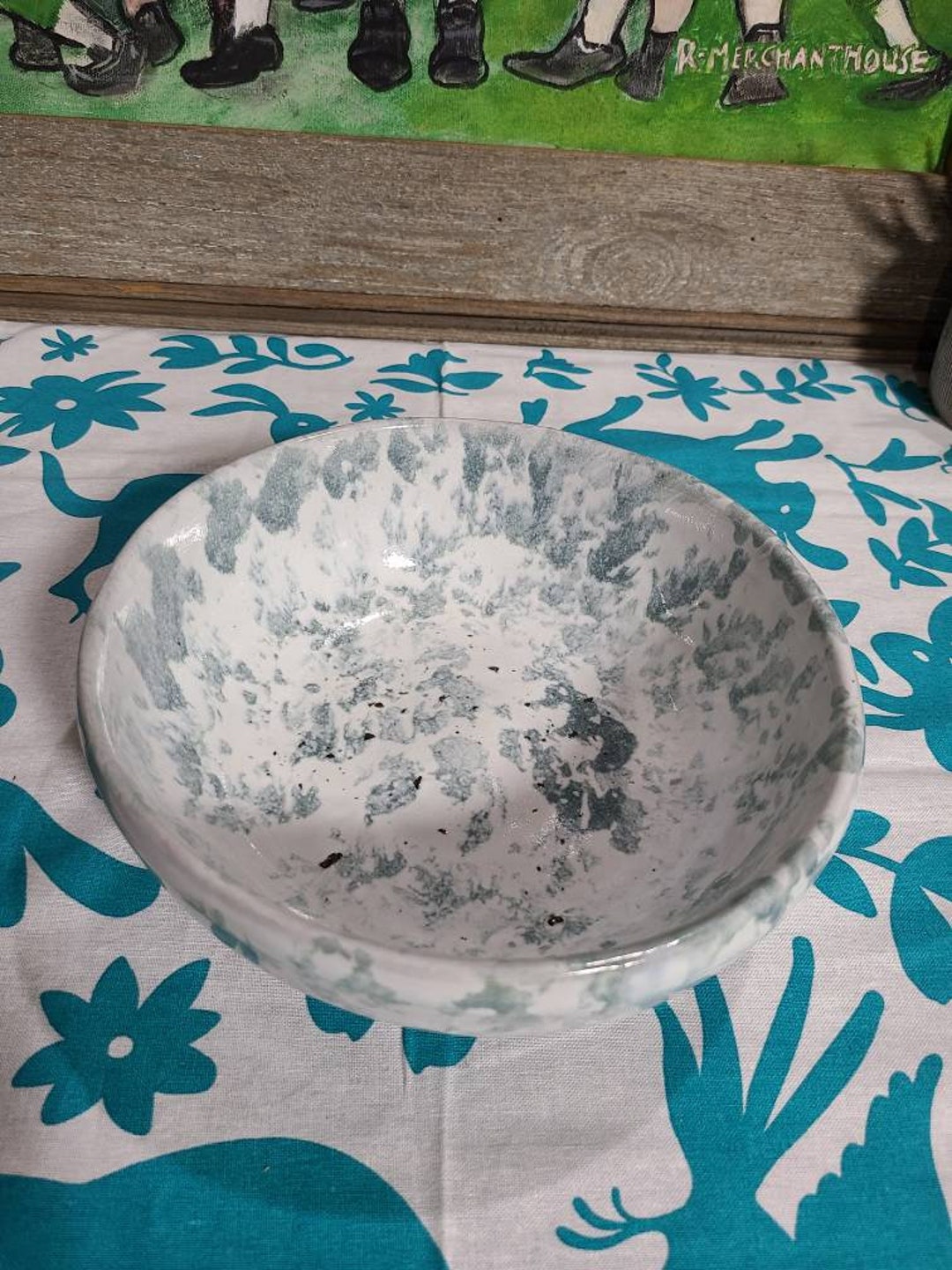 Vintage Vivid Teal Green Over Cream Spongewear Round Cereal Bowl Signed ...