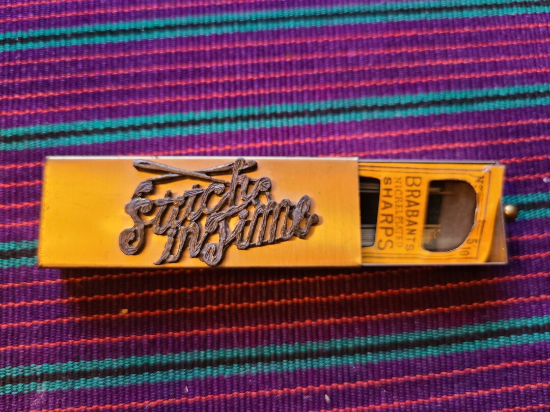 Antique Sewing Case Gold Tone Stitch in Time Brass Needle Drawer Box ...