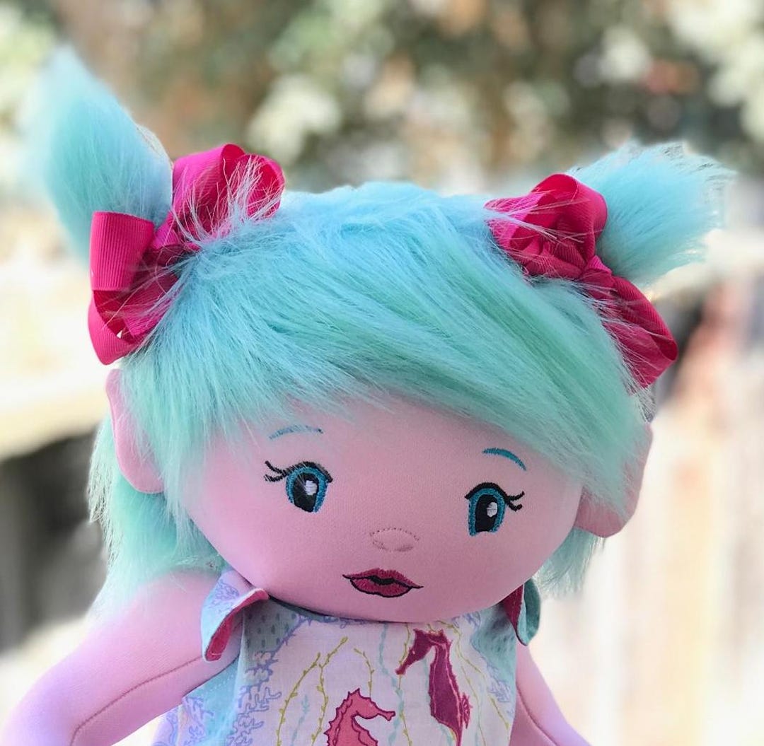 Doll Wig for 6x10 Juno Cloth Doll, Light Teal With Two Pigtails, Faux ...