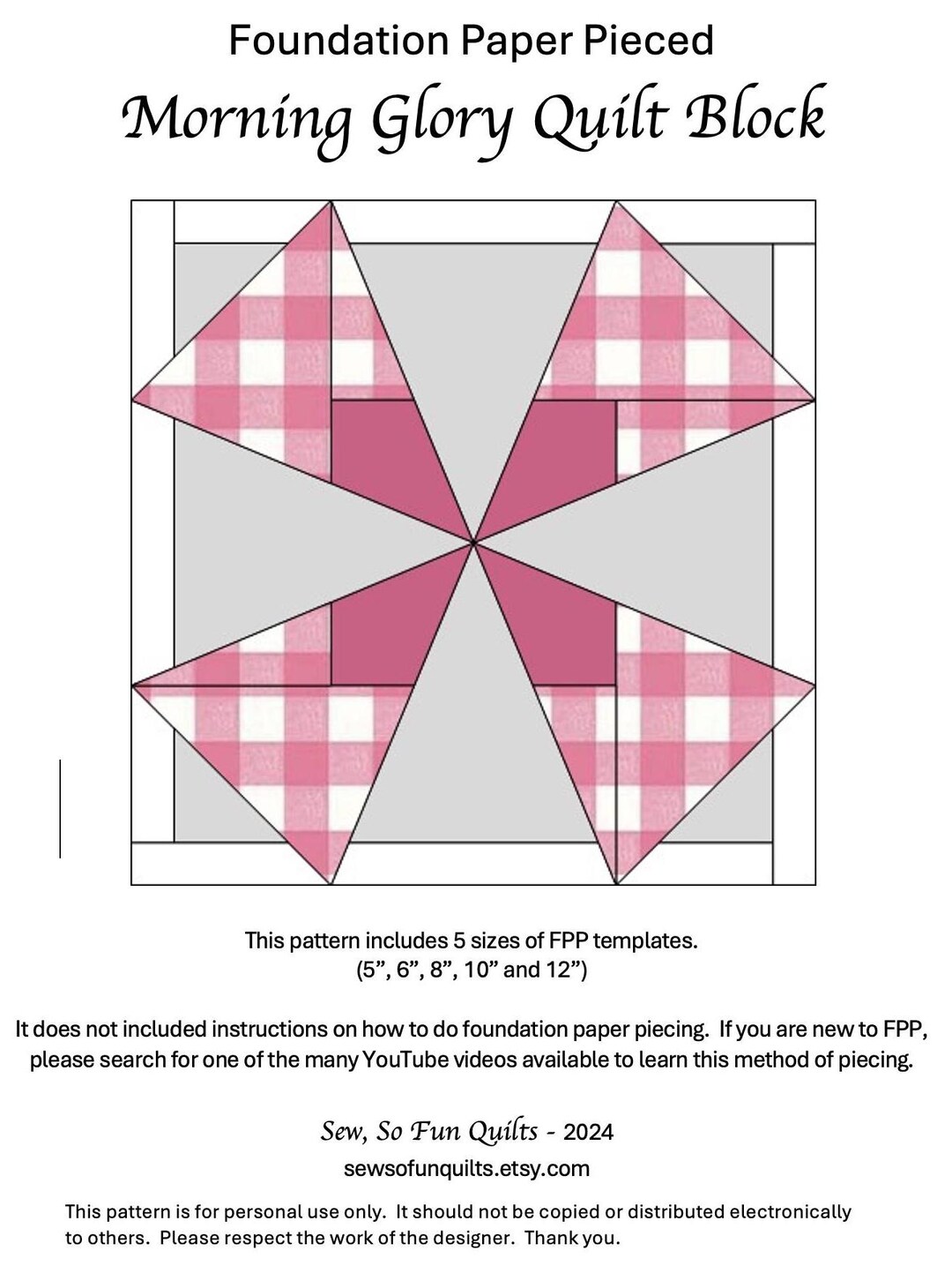 Morning Glory FPP Quilt Block Pattern, Foundation Paper Pieced, 5 Sizes ...