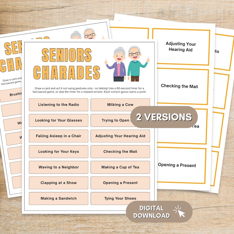 Printable Senior Charades Game, Elderly Icebreaker Activity for Nursing ...