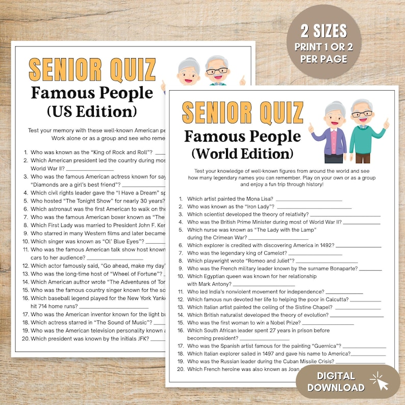 Senior Trivia Quiz Printable Game, Elderly Group Activity for Nursing ...