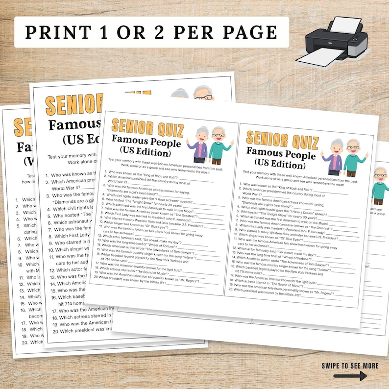 Senior Trivia Quiz Printable Game, Elderly Group Activity for Nursing ...