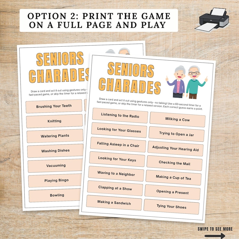 Printable Senior Charades Game, Elderly Icebreaker Activity for Nursing ...
