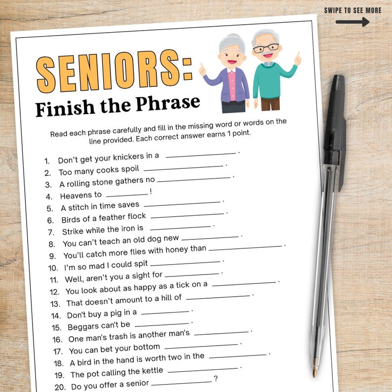 Senior Finish the Phrase Game Printable, Nursing Home Activity ...