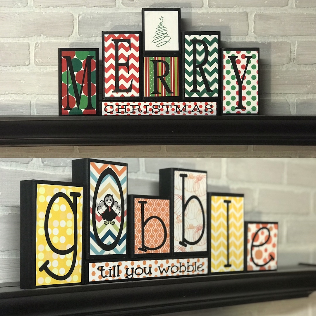Reversible Wooden Blocks. Merry Christmas, Gobble Til You Wobble ...