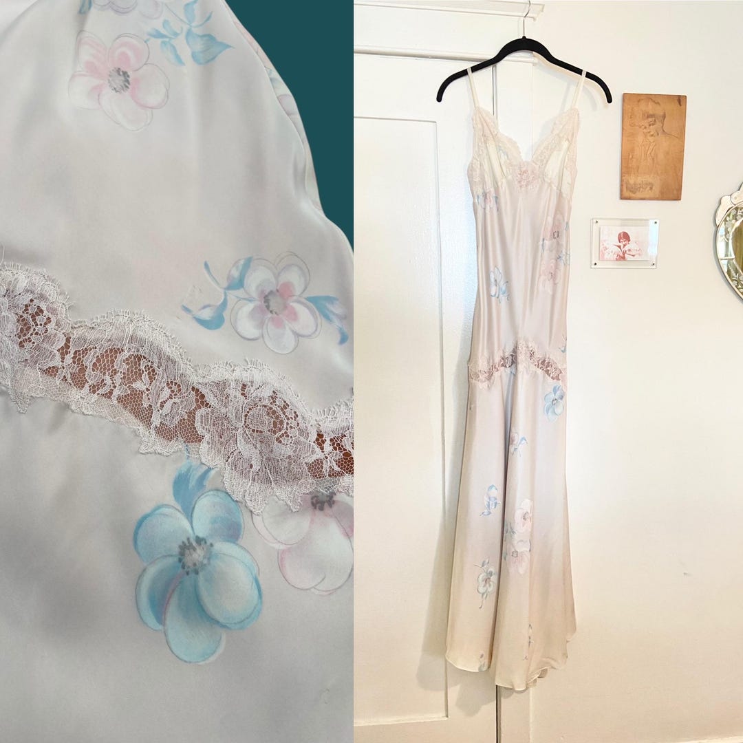 80’s Ivory Satin Negligée/nightgown/slip-dress With Hand Painted Pastel ...