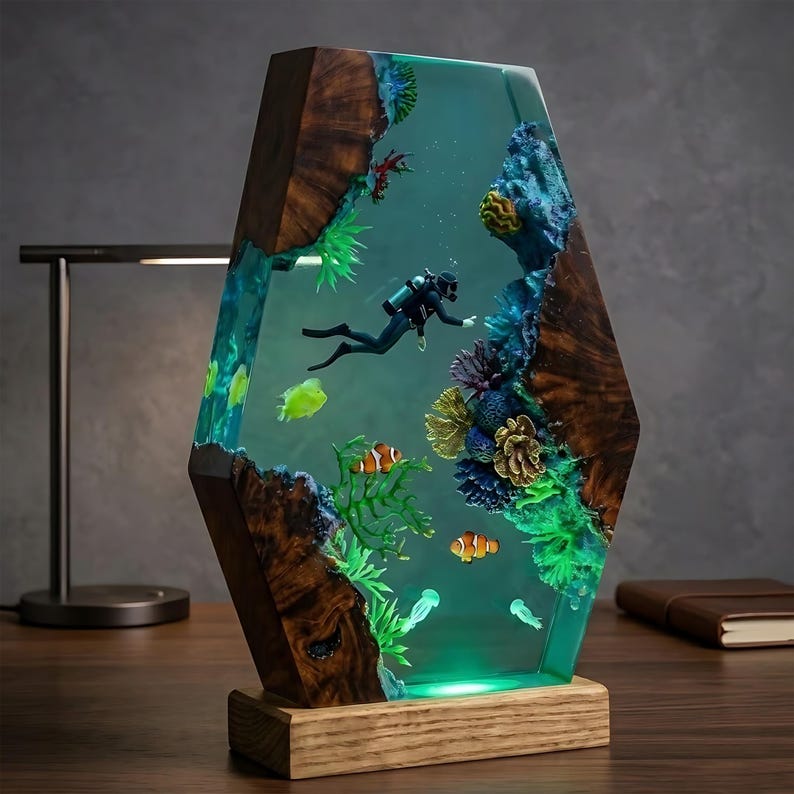 Deep Ocean Scuba Diving Scene With Jellyfish Clownfish, Wood Resin ...