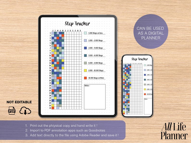 Step Tracker Printable | Daily Walking Log PDF | Year in Pixels Fitness ...