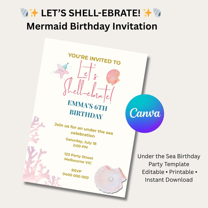 Mermaid Birthday Invitation, Under the Sea Party Template (digital ...