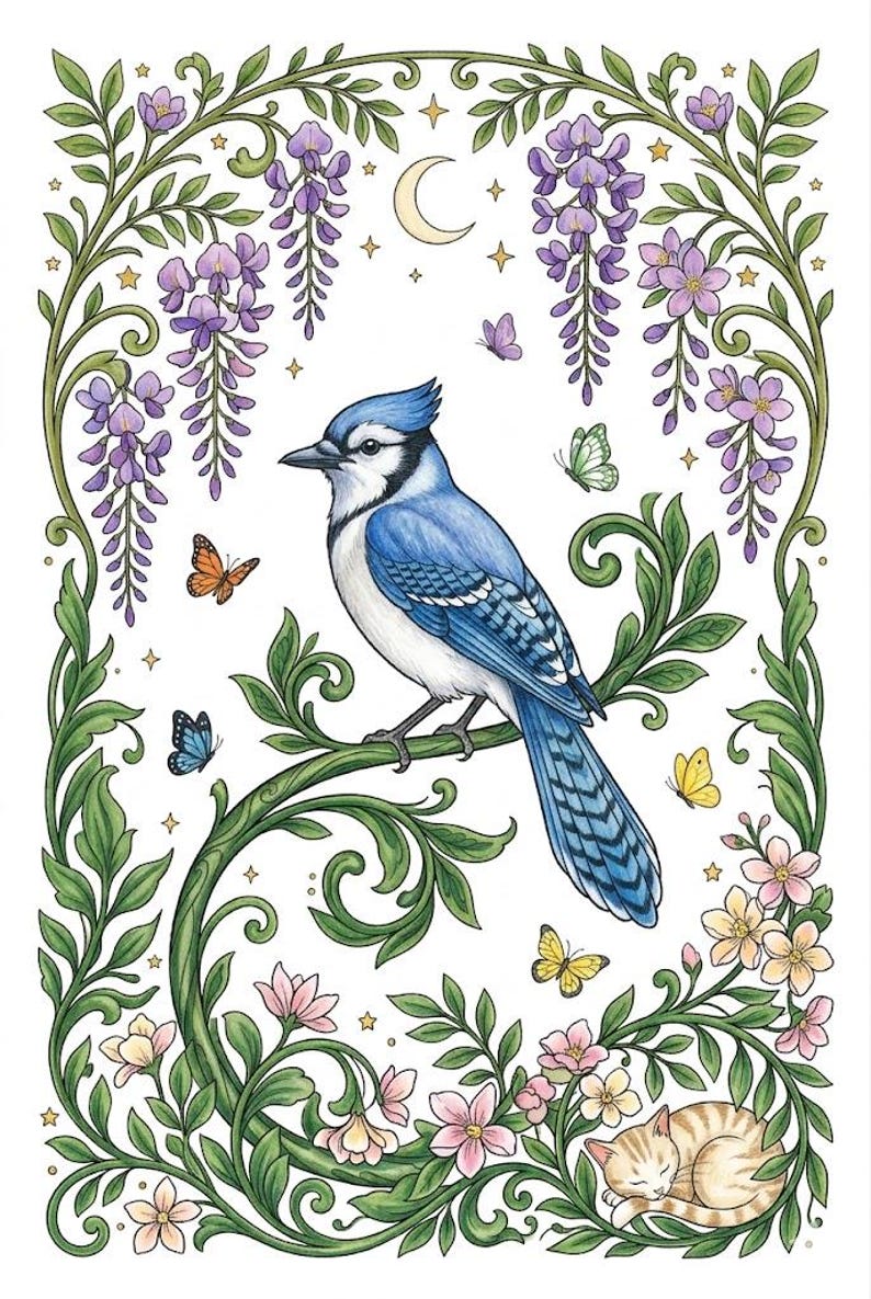 Blue Jay and Flowers: An excerpt from the adult coloring book Woodland ...