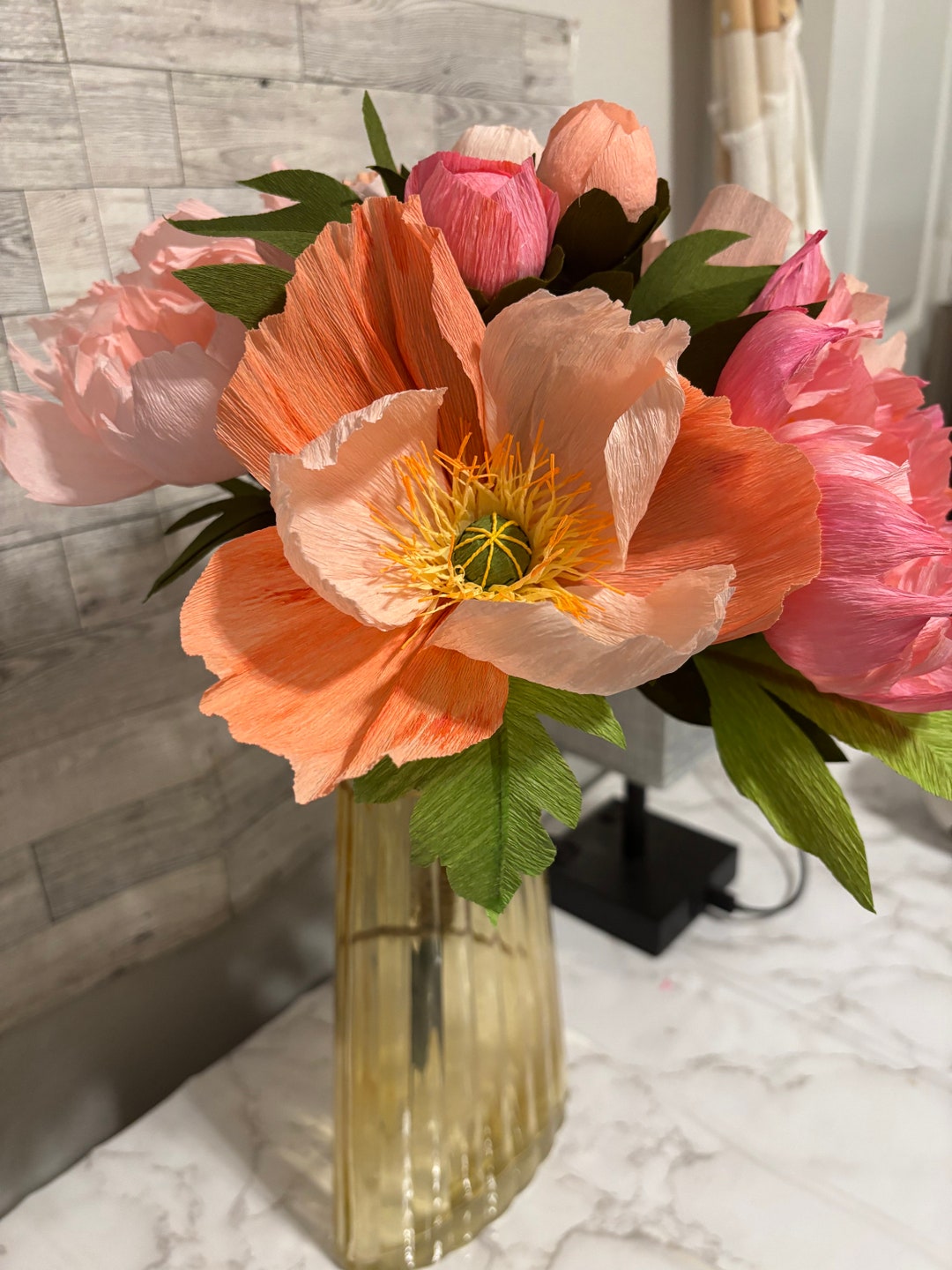 Hand Cut Iceland Poppy & Peony Bouquet: Pink Peach Floral Arrangement ...