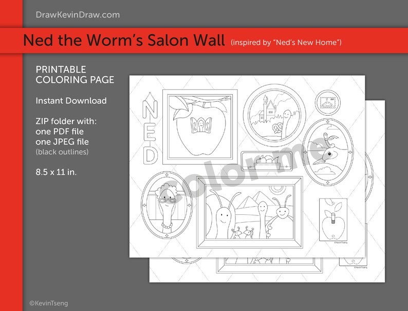 Ned the Worm's Salon Wall / Coloring Page / Digital, Printable, PDF ...