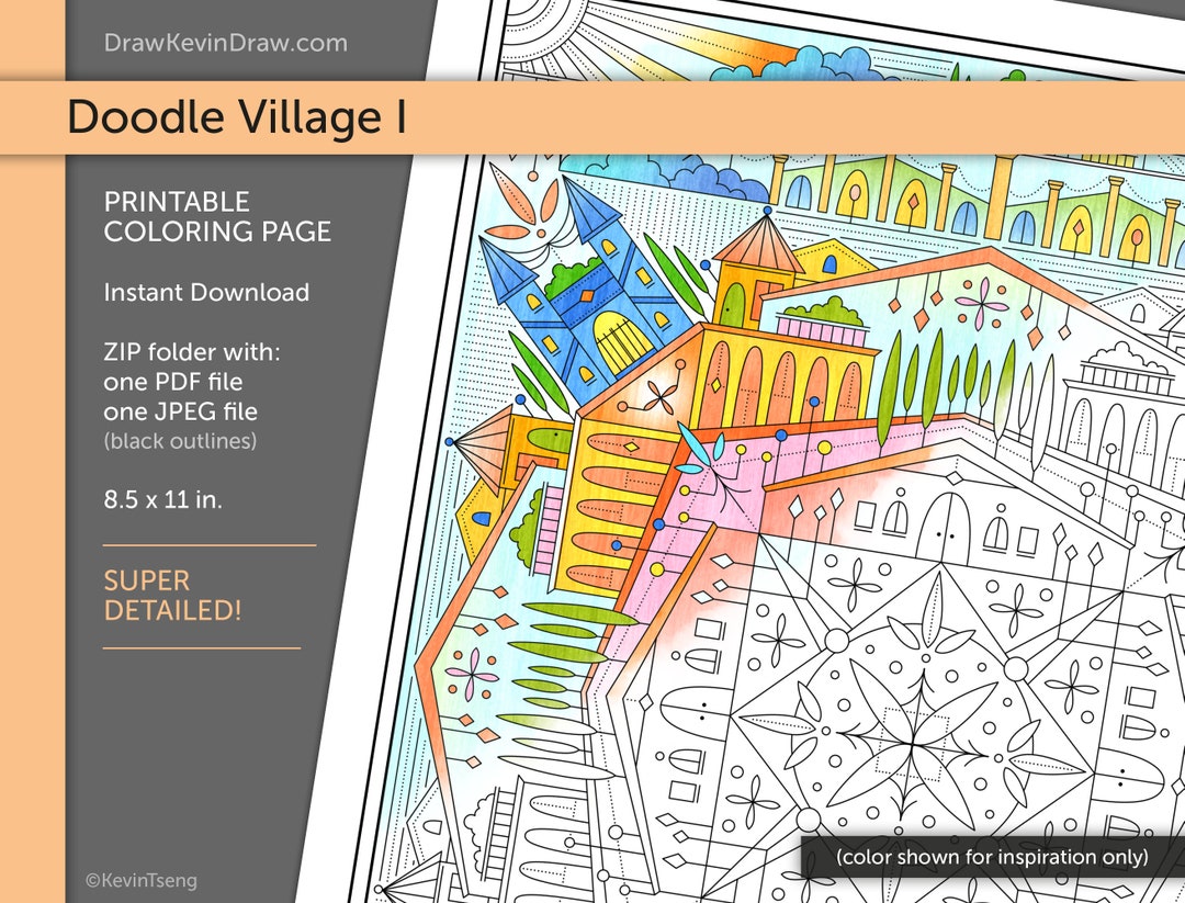 Doodle Village I / Coloring Page / Digital, Printable, PDF, JPEG ...