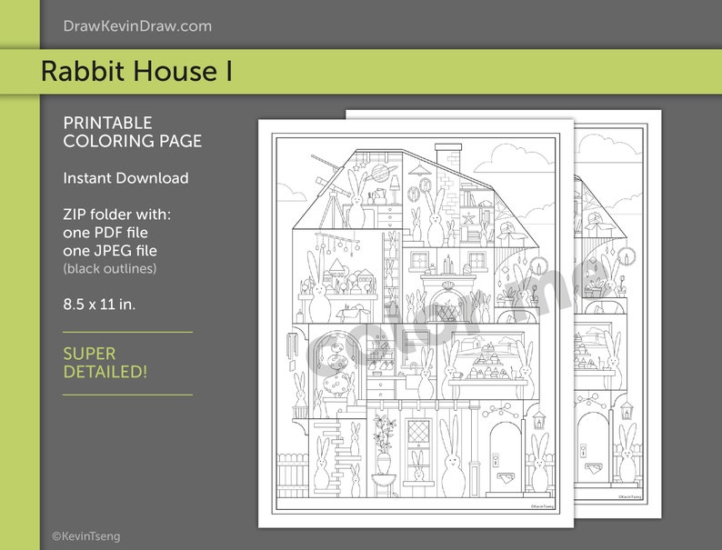 Rabbit House I / Coloring Page / Digital, Printable, PDF, JPEG ...