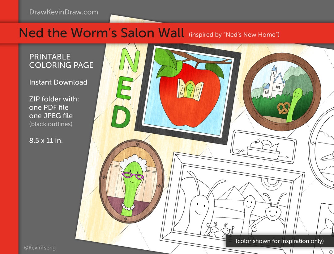 Ned the Worm's Salon Wall / Coloring Page / Digital, Printable, PDF ...