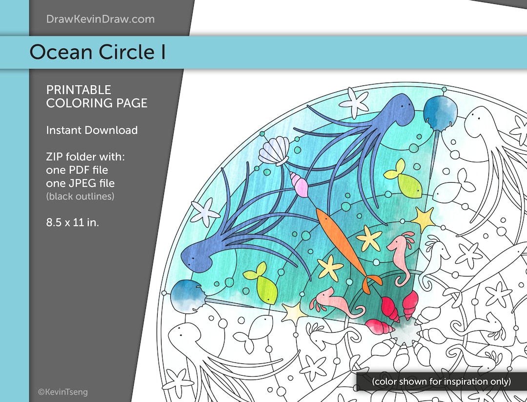 Ocean Circle I / Coloring Page / Digital, Printable, PDF, JPEG / Nature ...