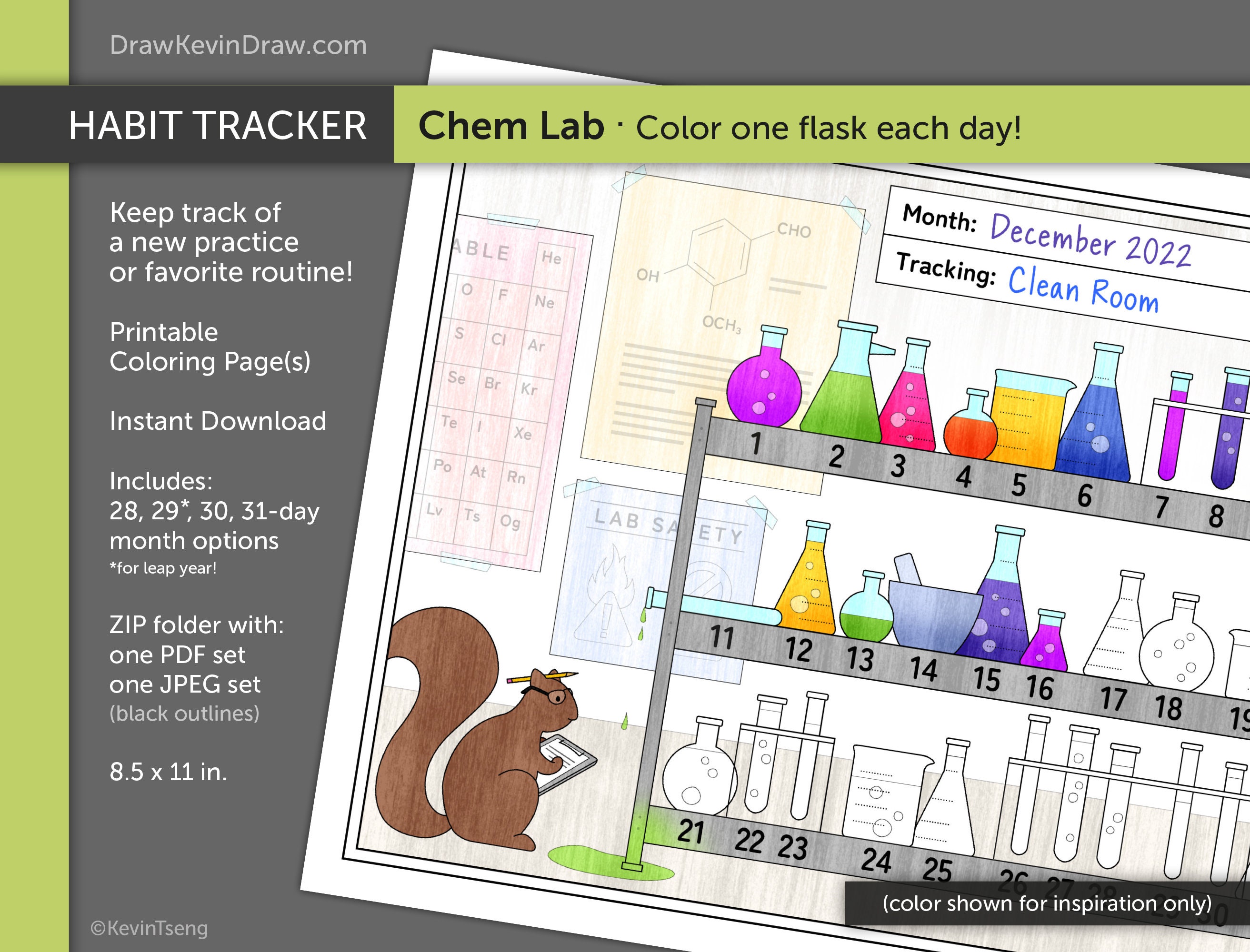 Squirrel Chemisty Lab / Habit Tracker Coloring Page / Digital ...
