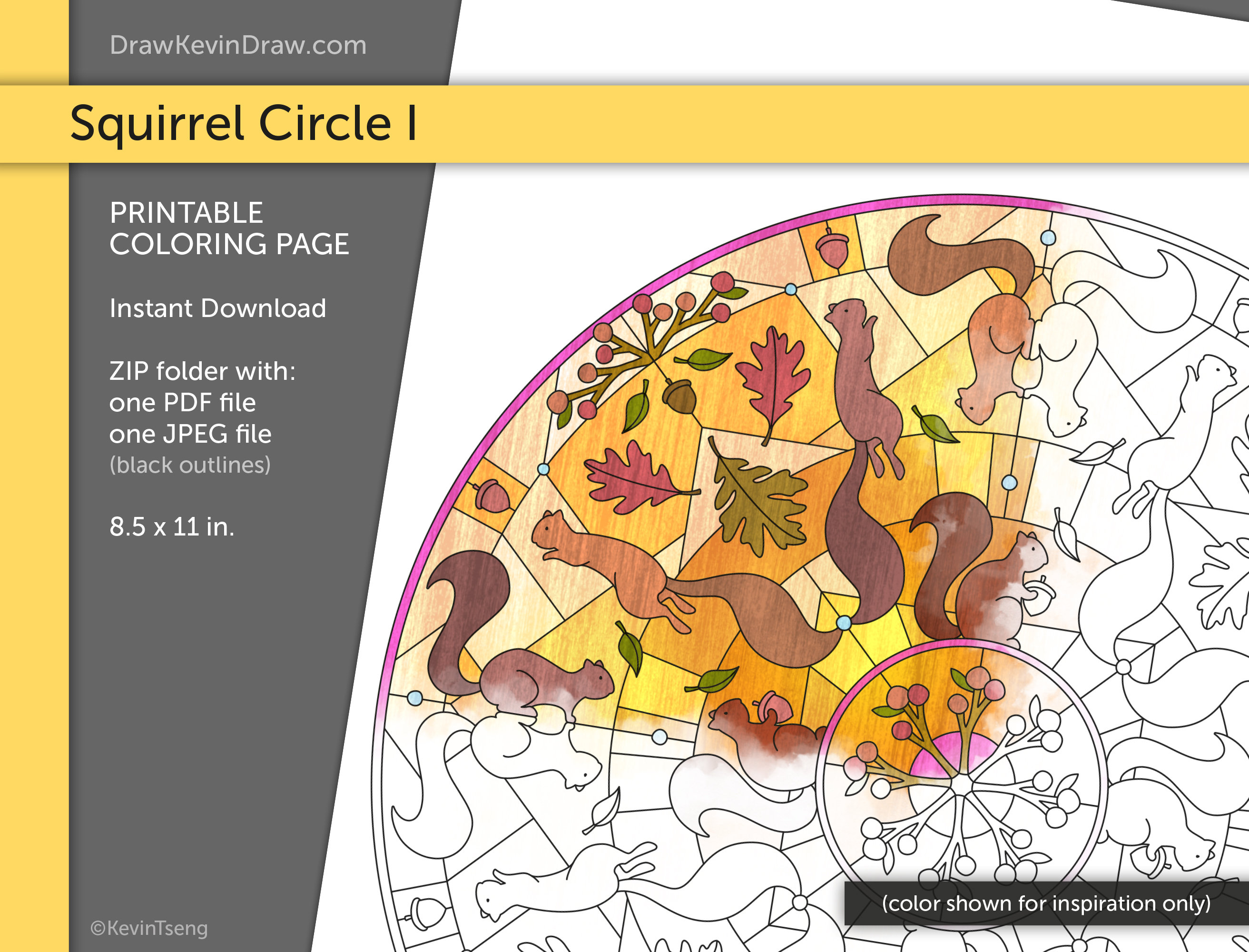Squirrels Circle I / Coloring Page / Digital, Printable, PDF, JPEG ...