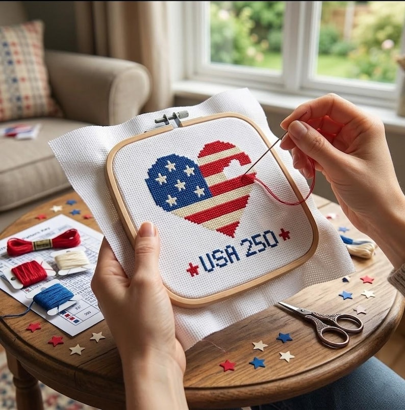 American Flag Heart Cross Stitch Pattern, USA 250th Anniversary Decor ...