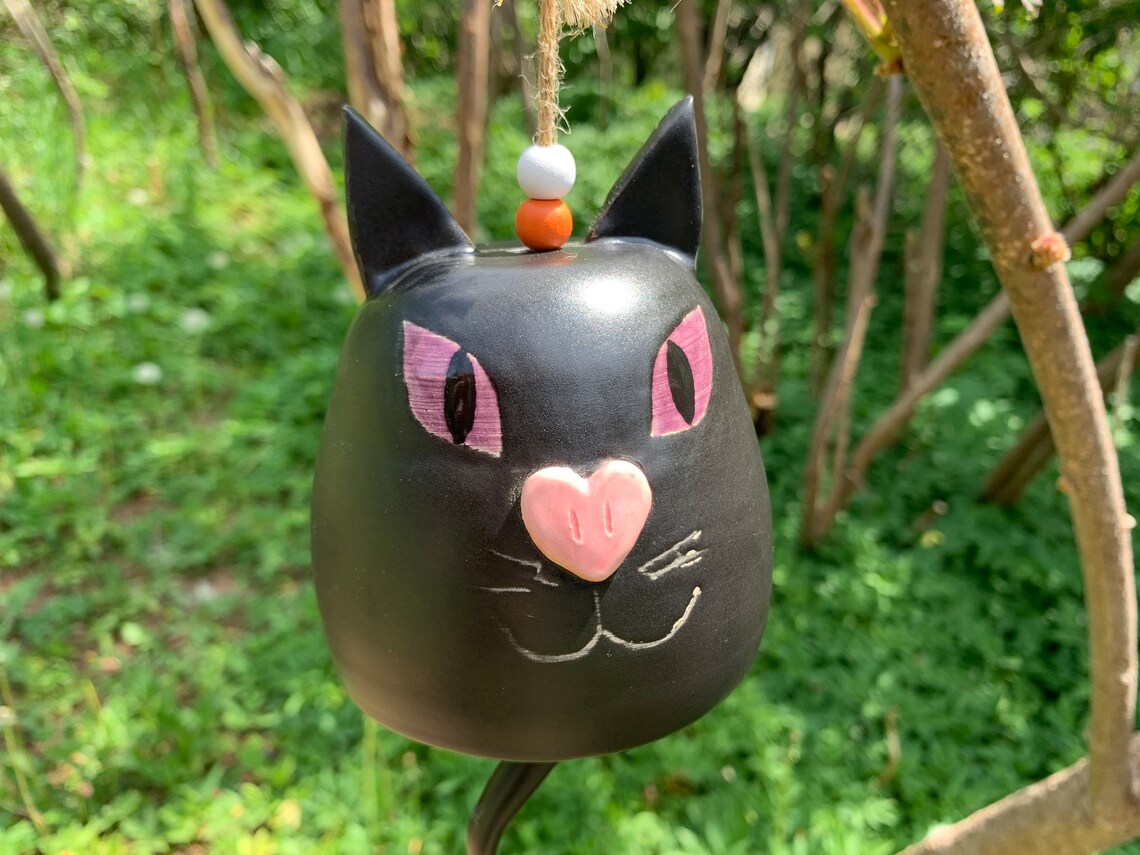 Ceramic Cat Bell Hanging With Beads, Handmade Spooky Cute Decor, Occult ...