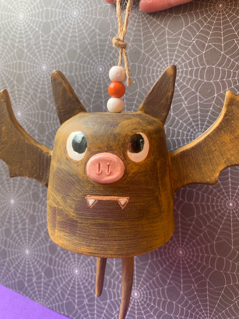 Ceramic Bat Bell Hanging With Beads, Handmade Spooky Cute Decor, Occult ...