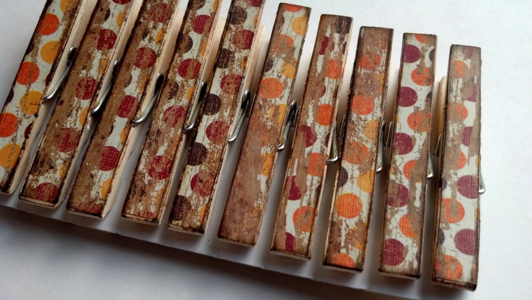 Harvest Autumn Fall Decoupage Clothes Pins Set of 10 Weathered Looking ...