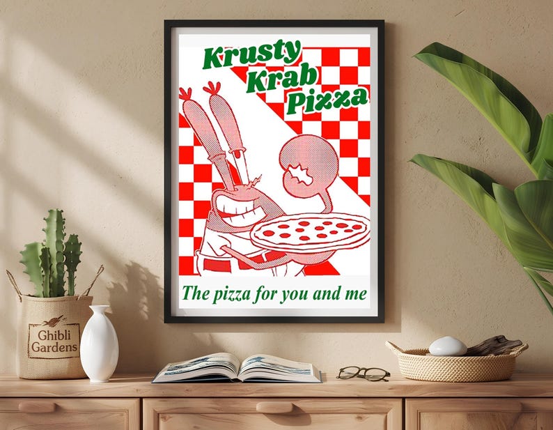 Krusty Krab Pizza Art Print, Retro Checkerboard Spongebob Poster, Funny ...