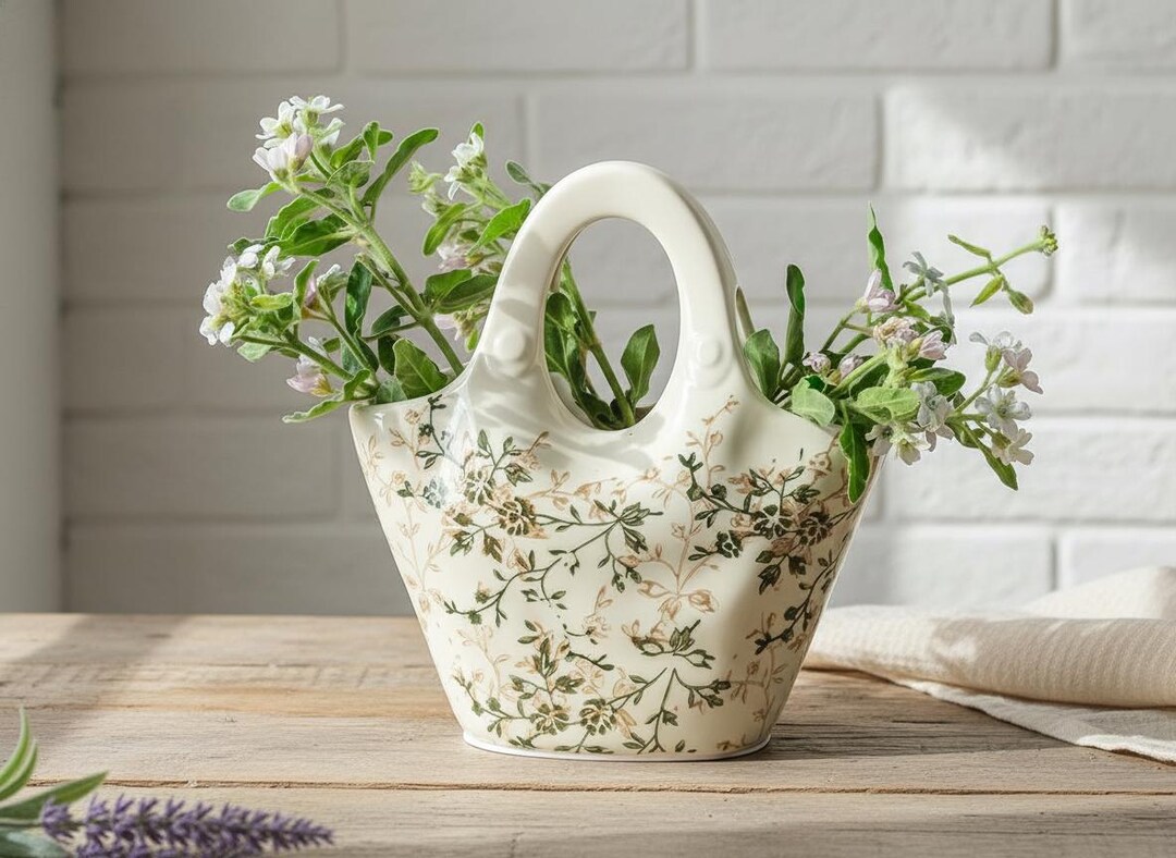 Handbag Ceramic Vase, Green Farmhouse Flower Vase, Rustic Purse Vase ...