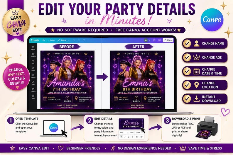 K-pop Demon Hunters Birthday Invitation Bundle Set, Editable Canva ...