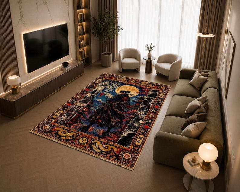 Samurai Ronin Rug, Full Moon Japanese Nightscape Area Rug, Oriental ...