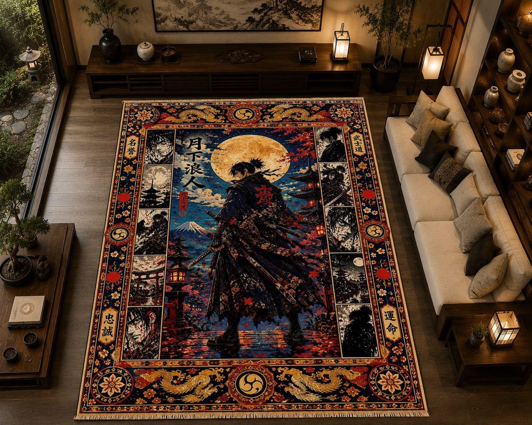 Samurai Ronin Rug, Full Moon Japanese Nightscape Area Rug, Oriental ...